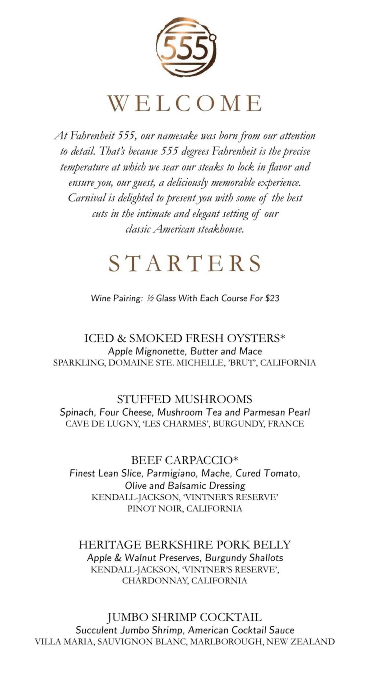 Fahrenheit 555 steakhouse on Carnival Cruise Line (with menu) - The ...